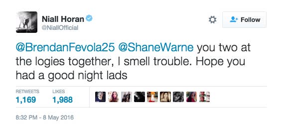 Apparently Niall Horan, Shane Warne, And Brendan Fevola Are Besties