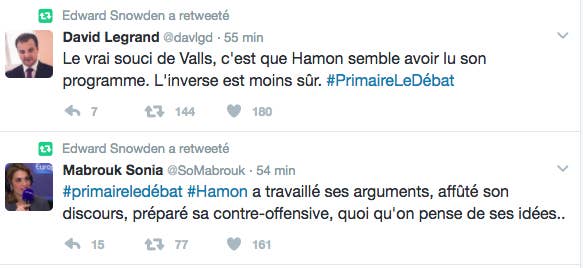 Snowden suit le débat de la primaire à gauche et il a l'air de bien ...