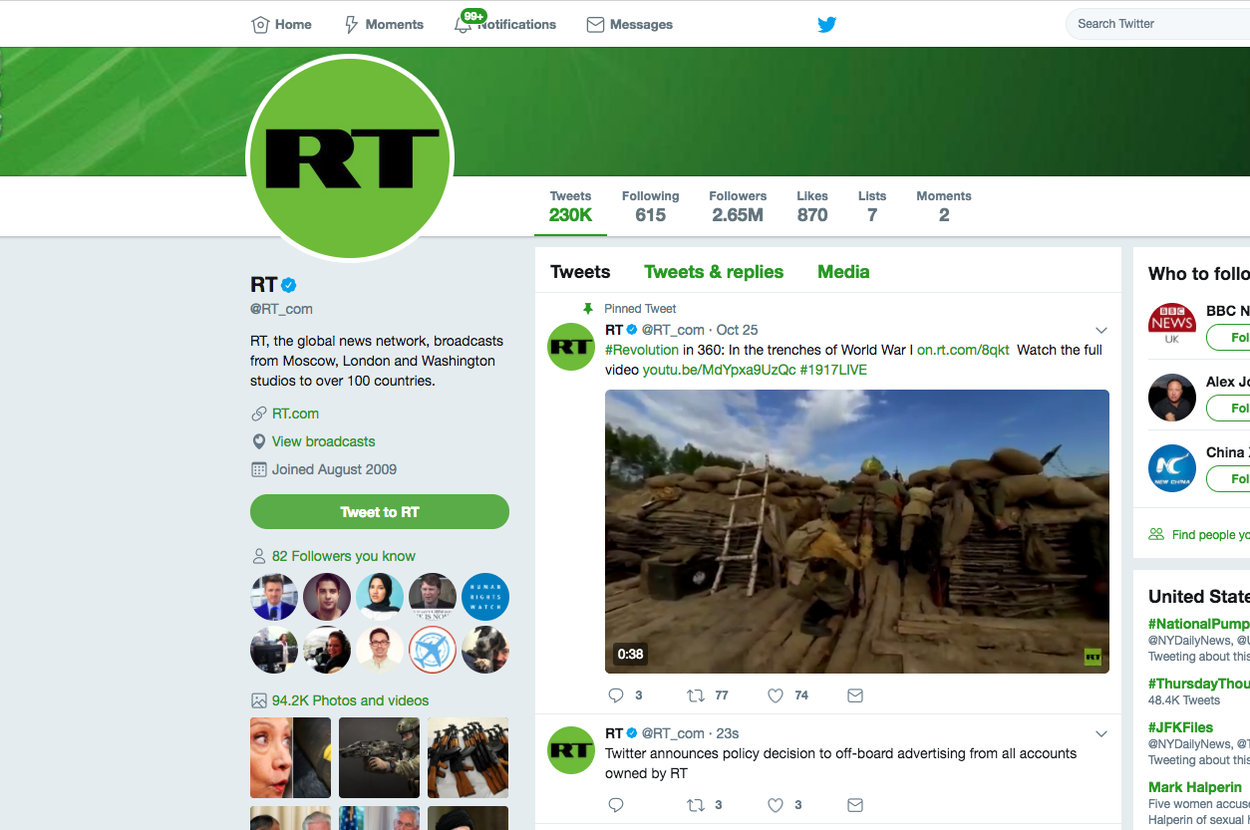 Twitter Is Banning Ads From Russian Media Outlets RT And Sputnik ...