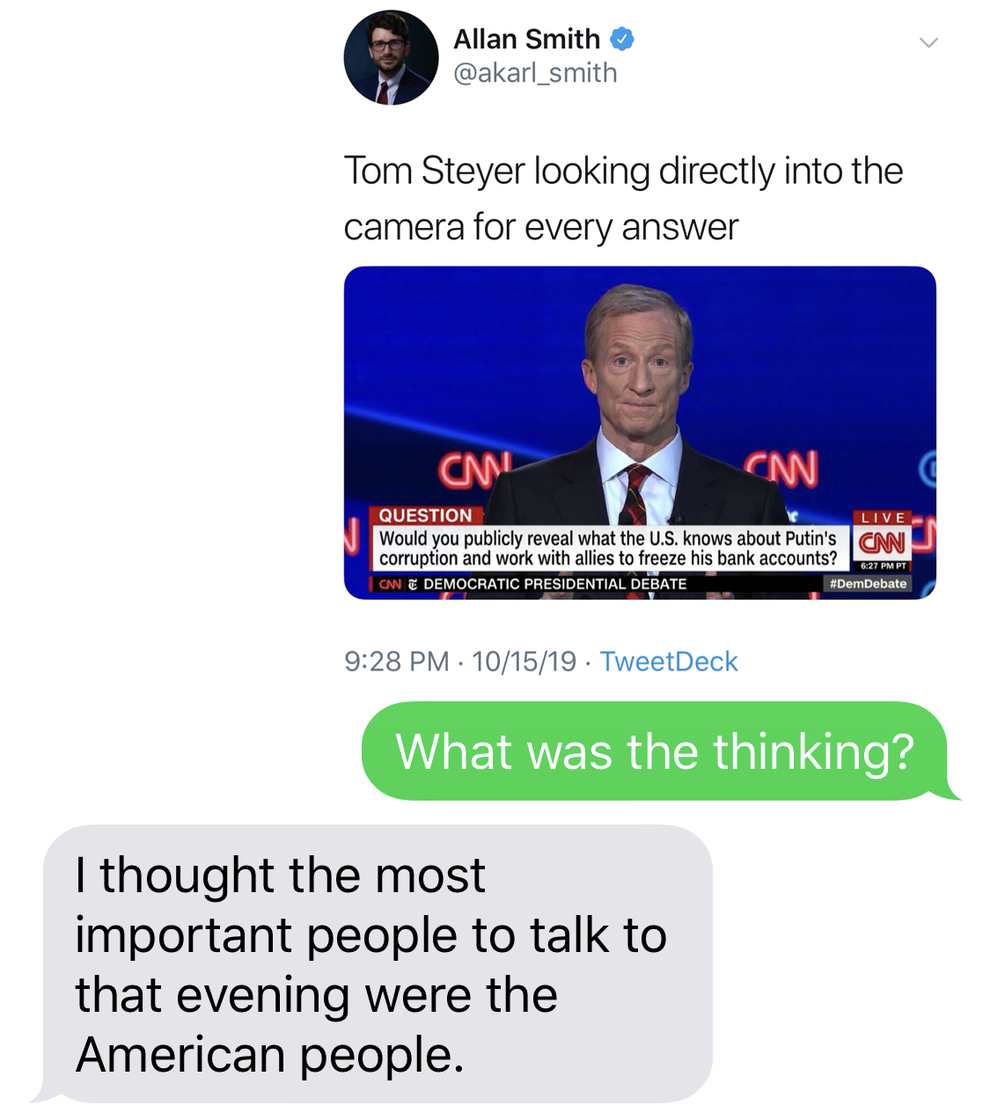Tom Steyer Explained What That Symbol He Draws On His Hand Means
