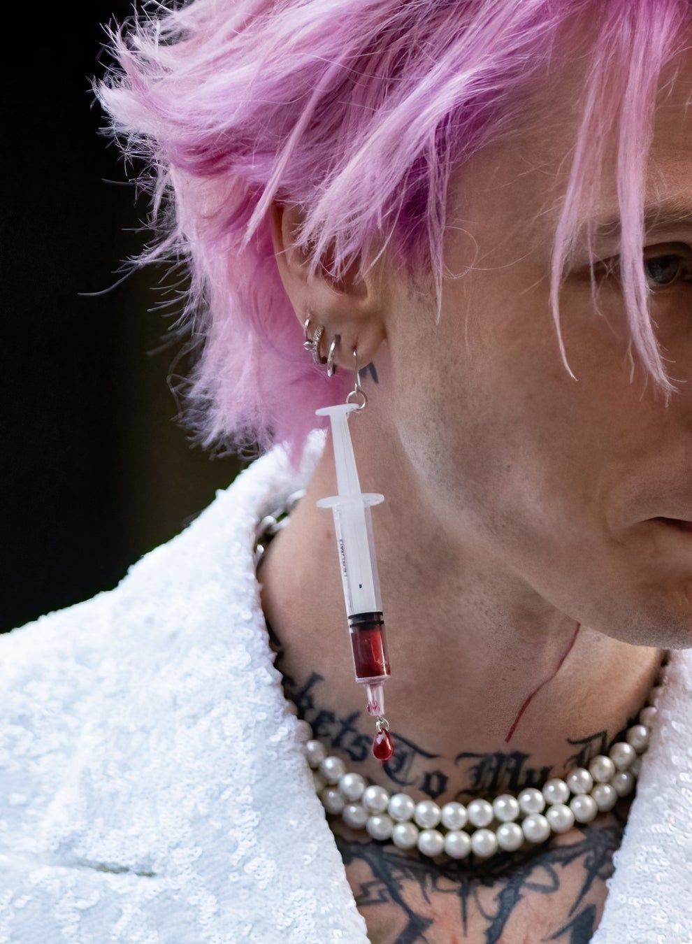 Machine Gun Kelly's Red Carpet Bloody Syringe Earring