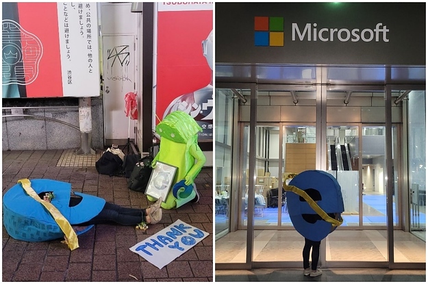 27年愛されたInternet Explorer終了。擬人化「IEさん」MS本社前で力尽きる