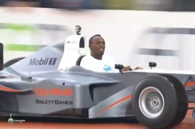 Usain Bolt Drives a Formula One Car Around a Running Track (Video ...