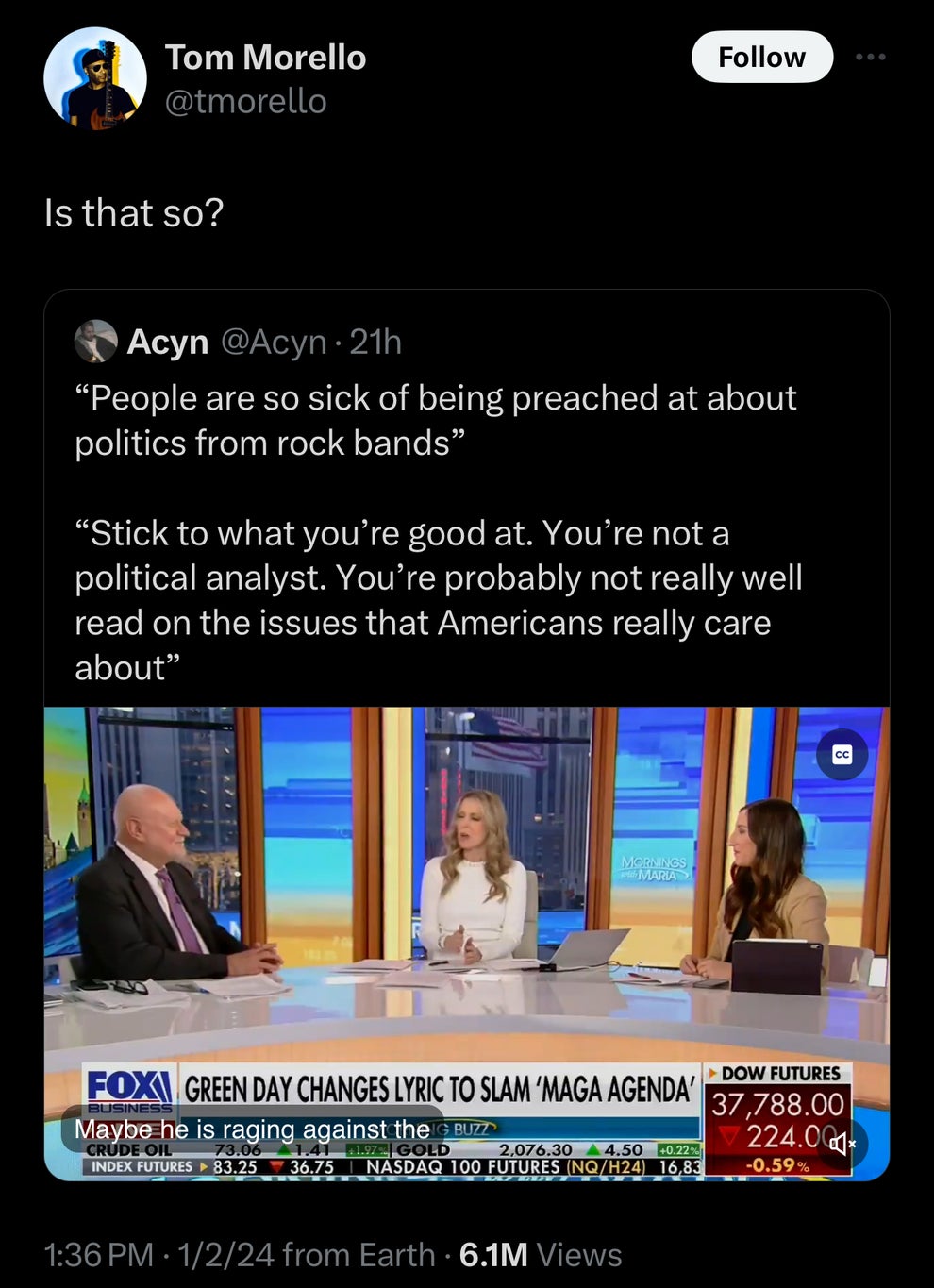 Tom Morello Responds to Conservative Meltdown Over Green Day Lyrics ...