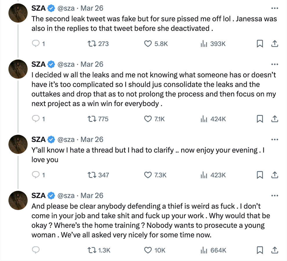 SZA Says Leakers Forced Her to Restart 'Lana' Project 'From Scratch,' Will Compile Leaks for ...
