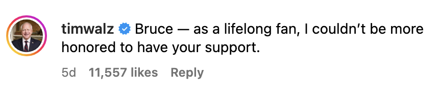Bruce Springsteen Endorses, Tim Walz & Emhoff Cheer