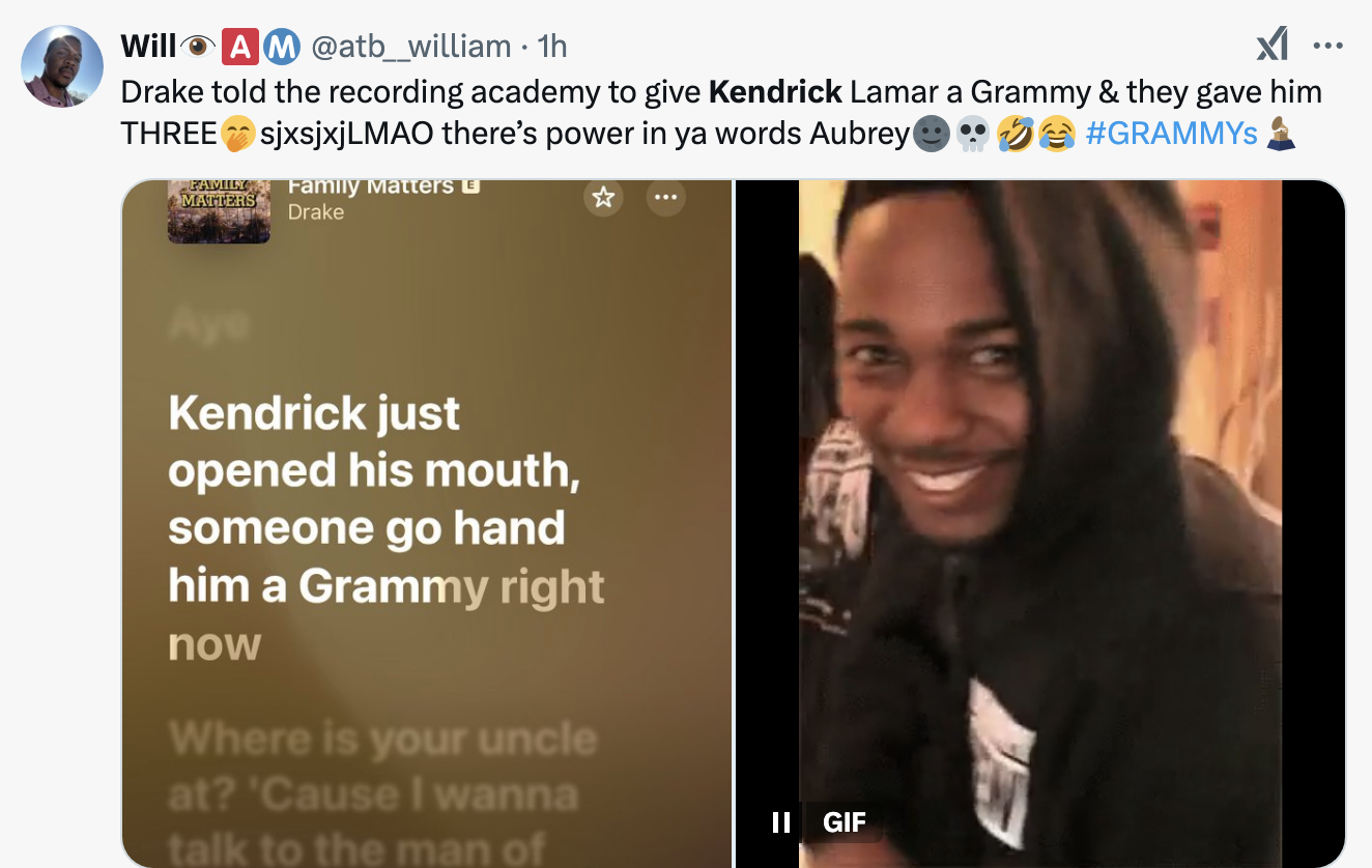 Kendrick Lamar's Drake Diss Won 4 Grammys So Far, Irony