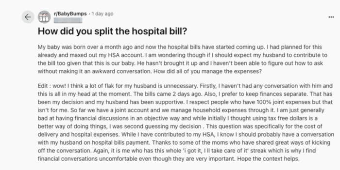 Woman Asks How To Split Hospital Bill For Baby's Birth