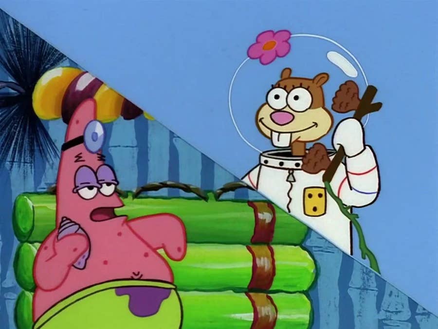 buff spongebob and patrick hugging