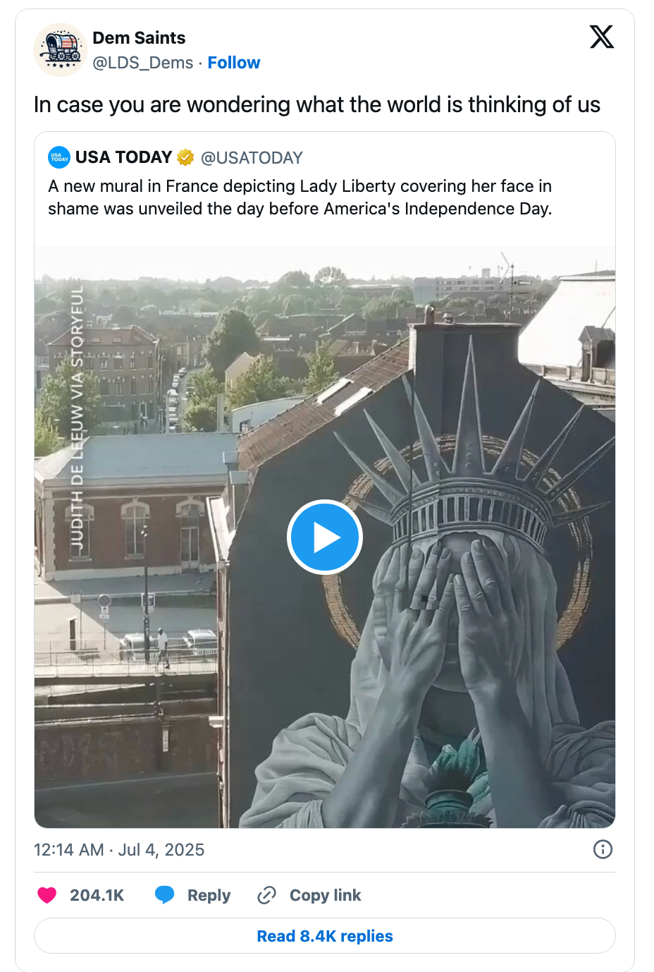 Americans React: France's Mural Of Lady Liberty Covering Her Face
