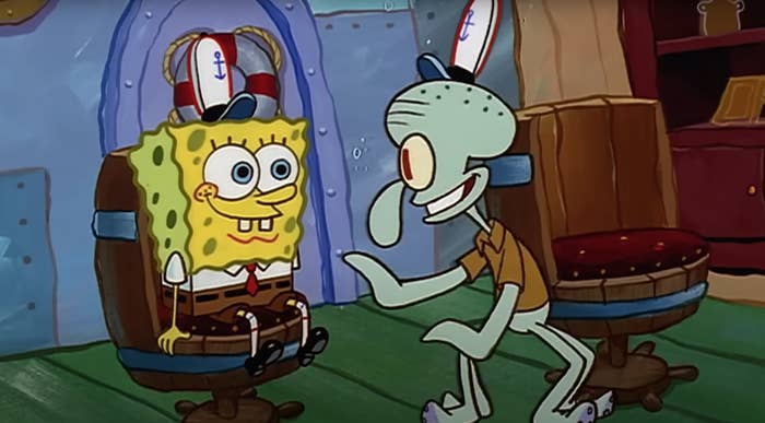 spongebob sitting down thinking