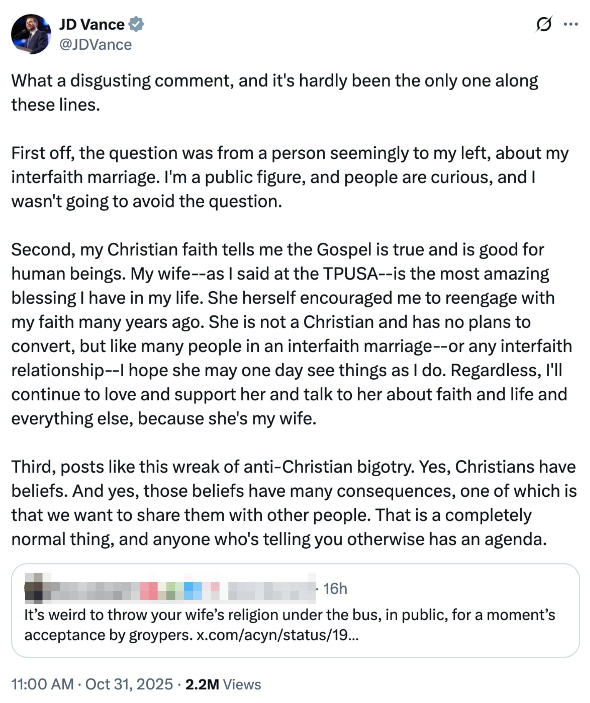JD Vance Faces Backlash Over Usha Vance Religion Remark