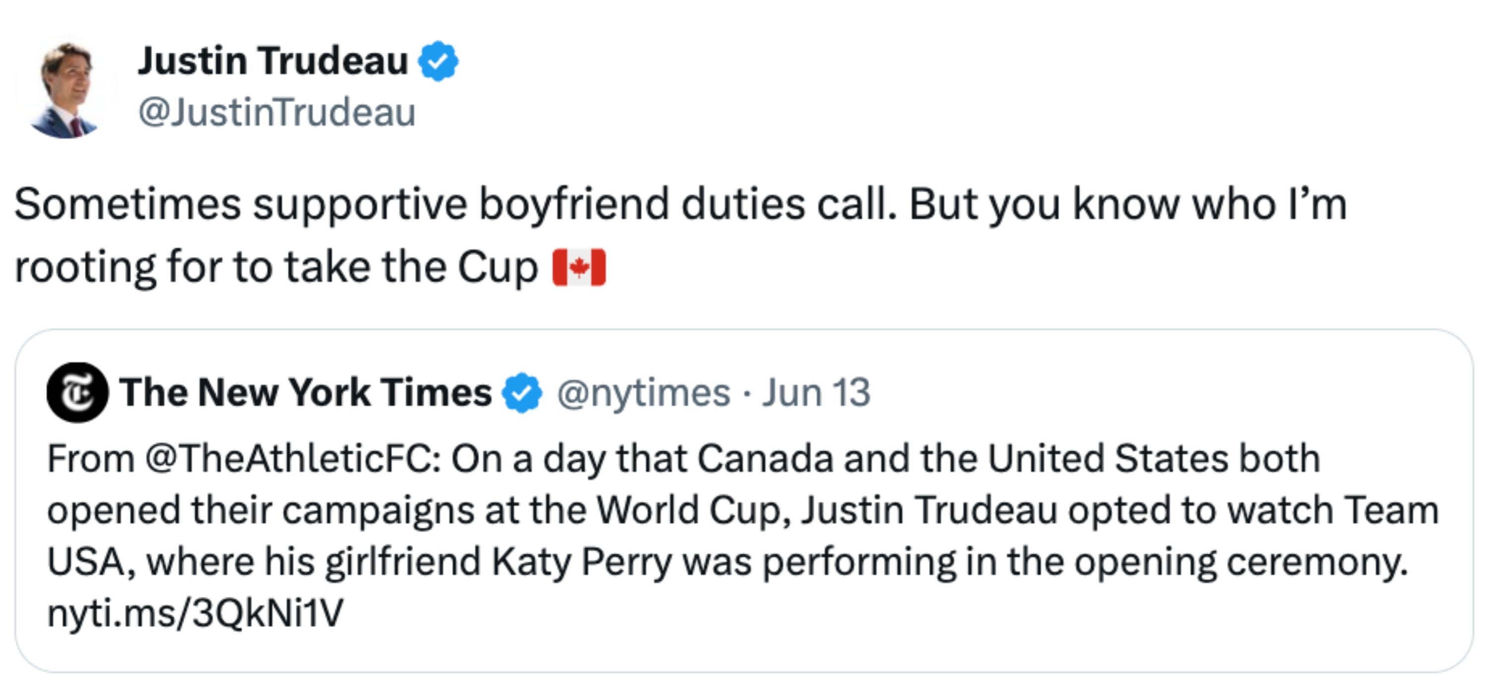 Justin Trudeau Skips Canada's FIFA Match For Katy Perry