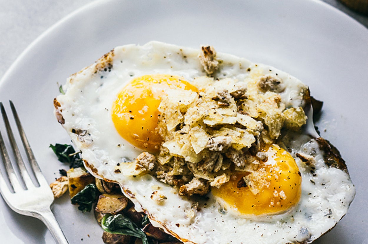 How To Make Greens-Potato Hash With Fried Eggs And Potato Chip Breadcrumbs